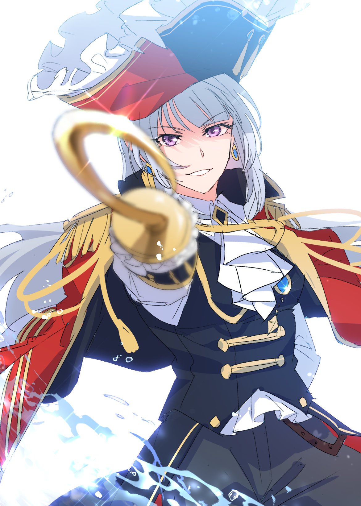 Safebooru - 1girl arm behind back ascot bicorne black hat black pants black vest blurry captain ...