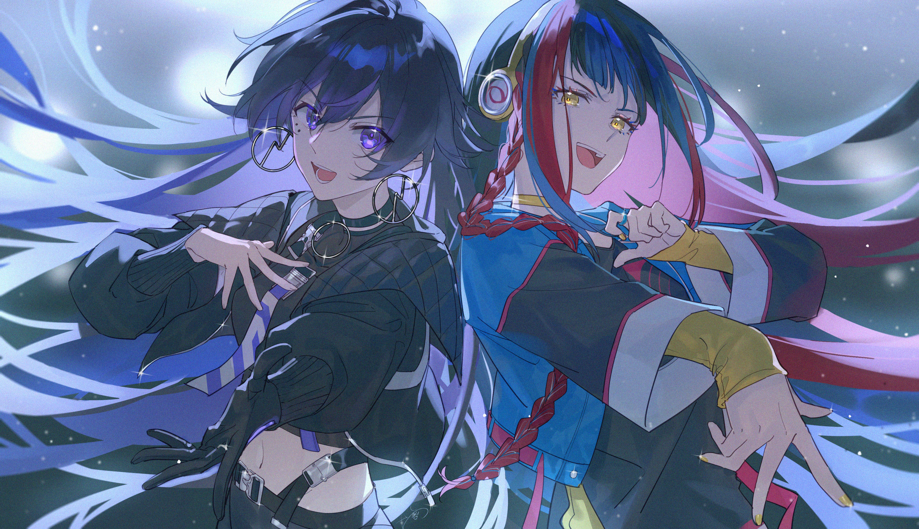 Safebooru - 2girls back-to-back belt black background black choker black gloves black hair black ...