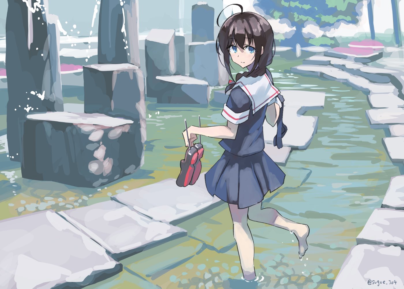 Safebooru - 1girl ahoge barefoot black serafuku black skirt blue eyes blush braid brown hair ...