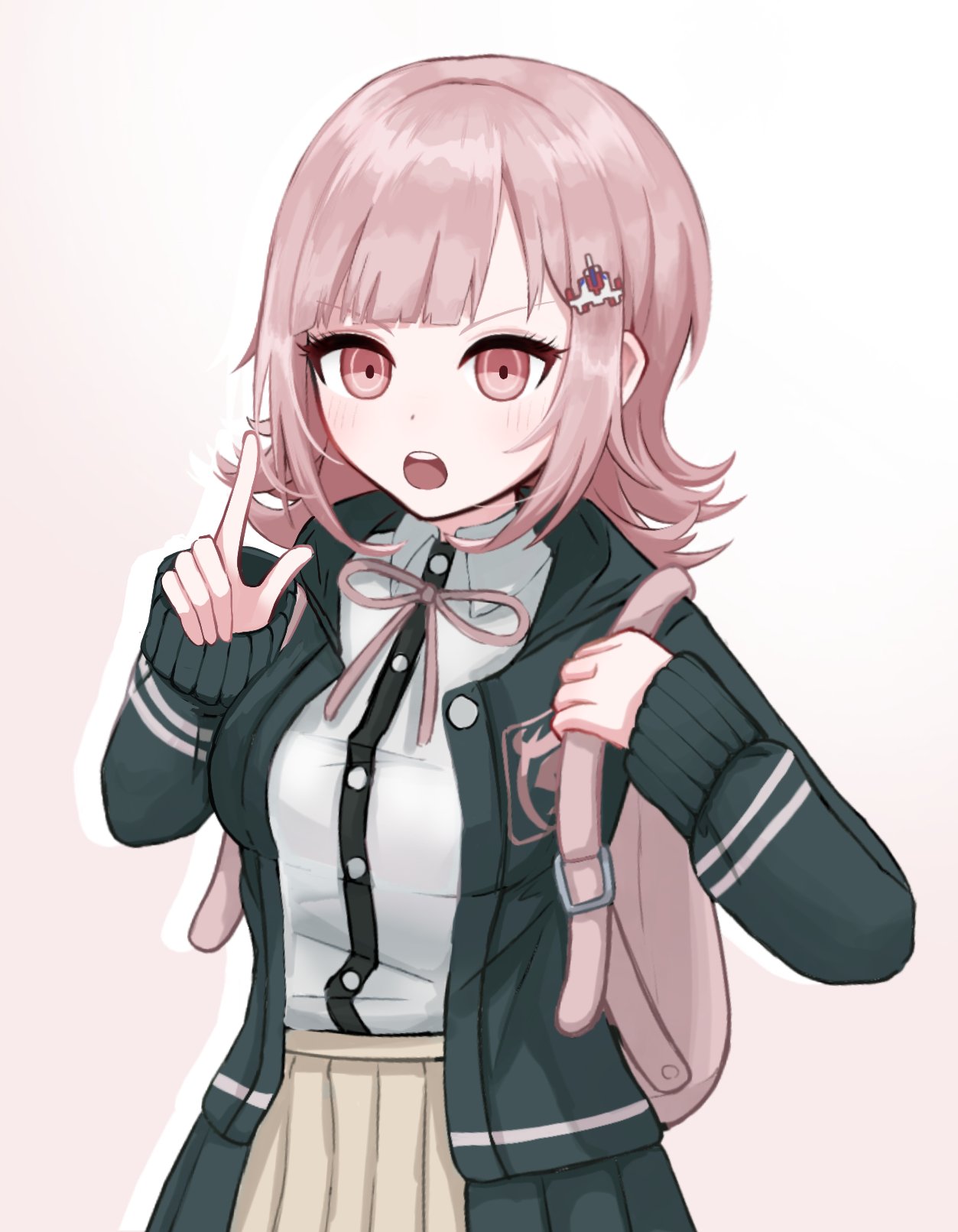 Safebooru - 1girl backpack bag black jacket blush brown skirt collared shirt cowboy shot ...