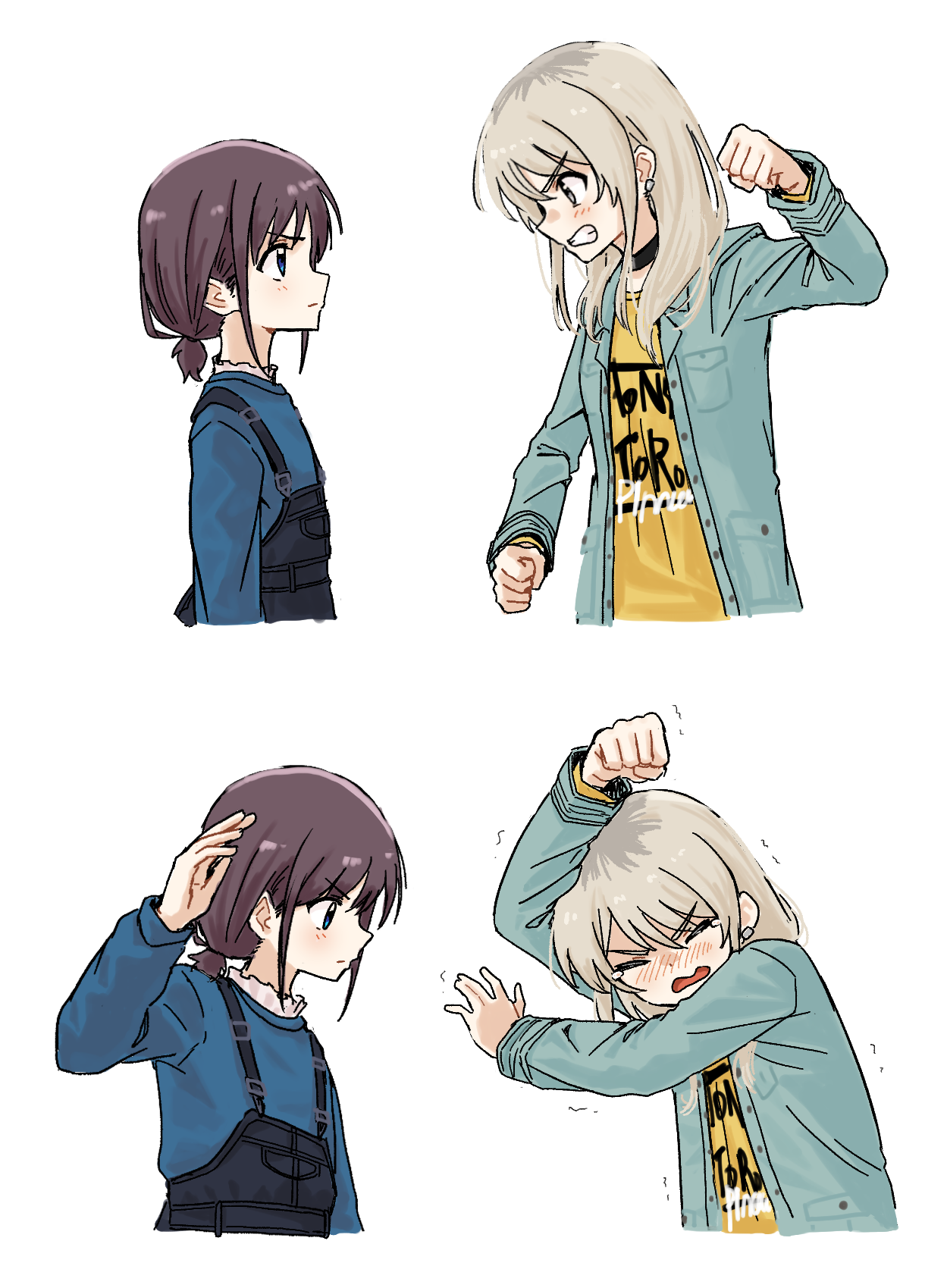 Safebooru - 2girls black choker black overalls blue eyes blue sweater blush brown hair choker ...