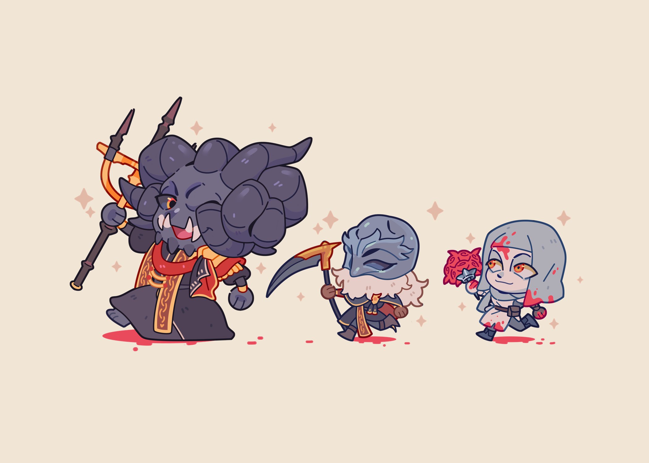 Safebooru - 3boys asymmetrical horns beard black robe bouquet chibi ...