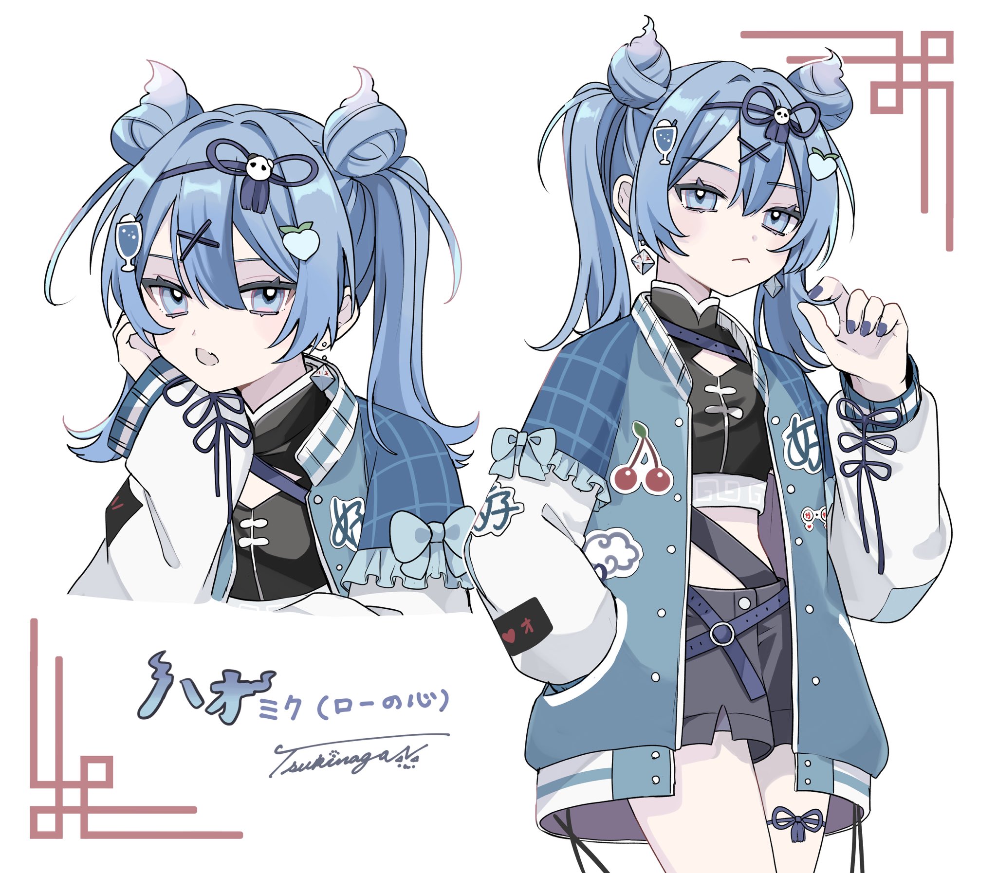 Safebooru - 1girl alternate costume aqua eyes arm tattoo black footwear black shirt black shorts ...