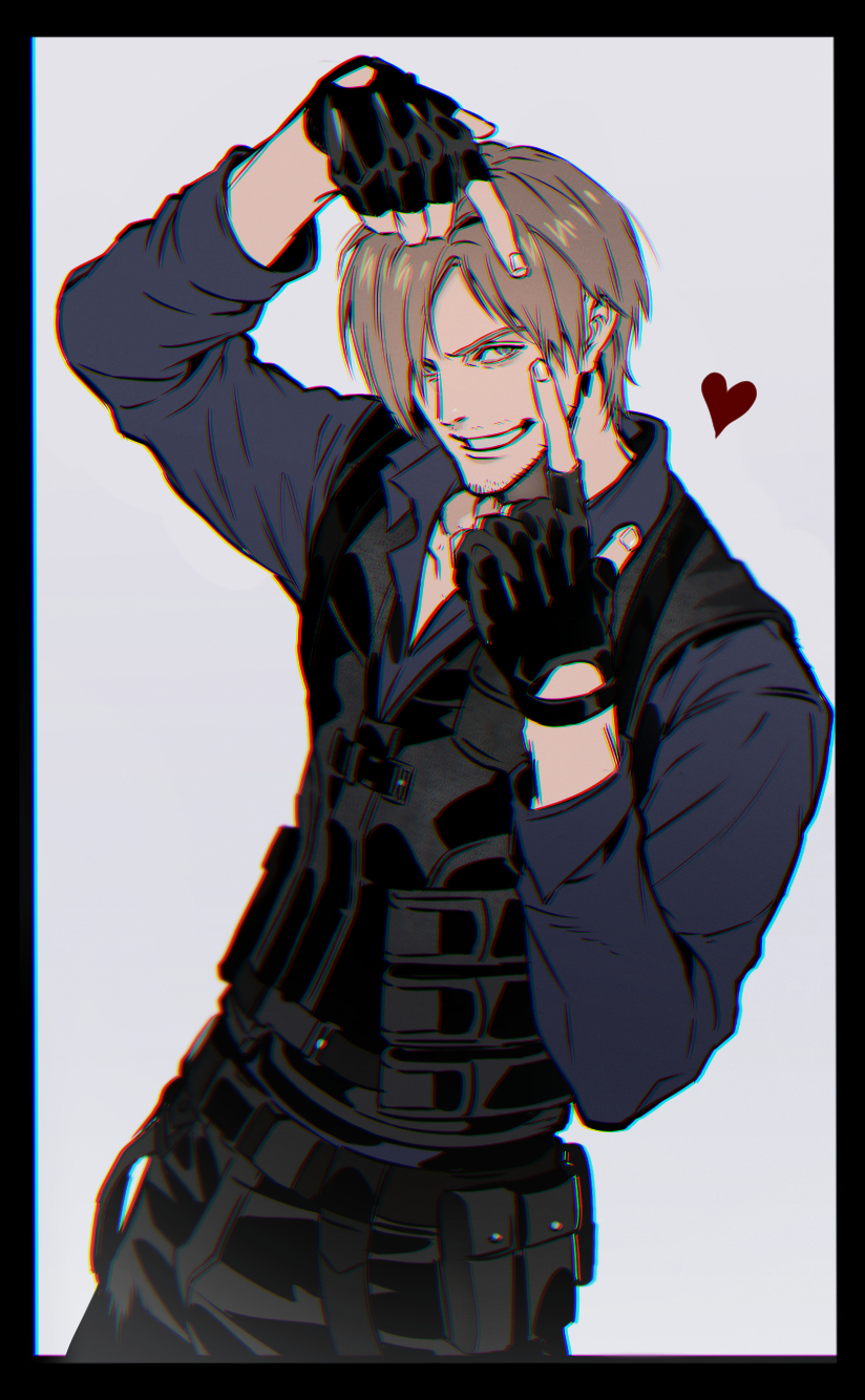 Safebooru - 1boy black border black gloves black pants black vest blonde hair blue shirt border ...