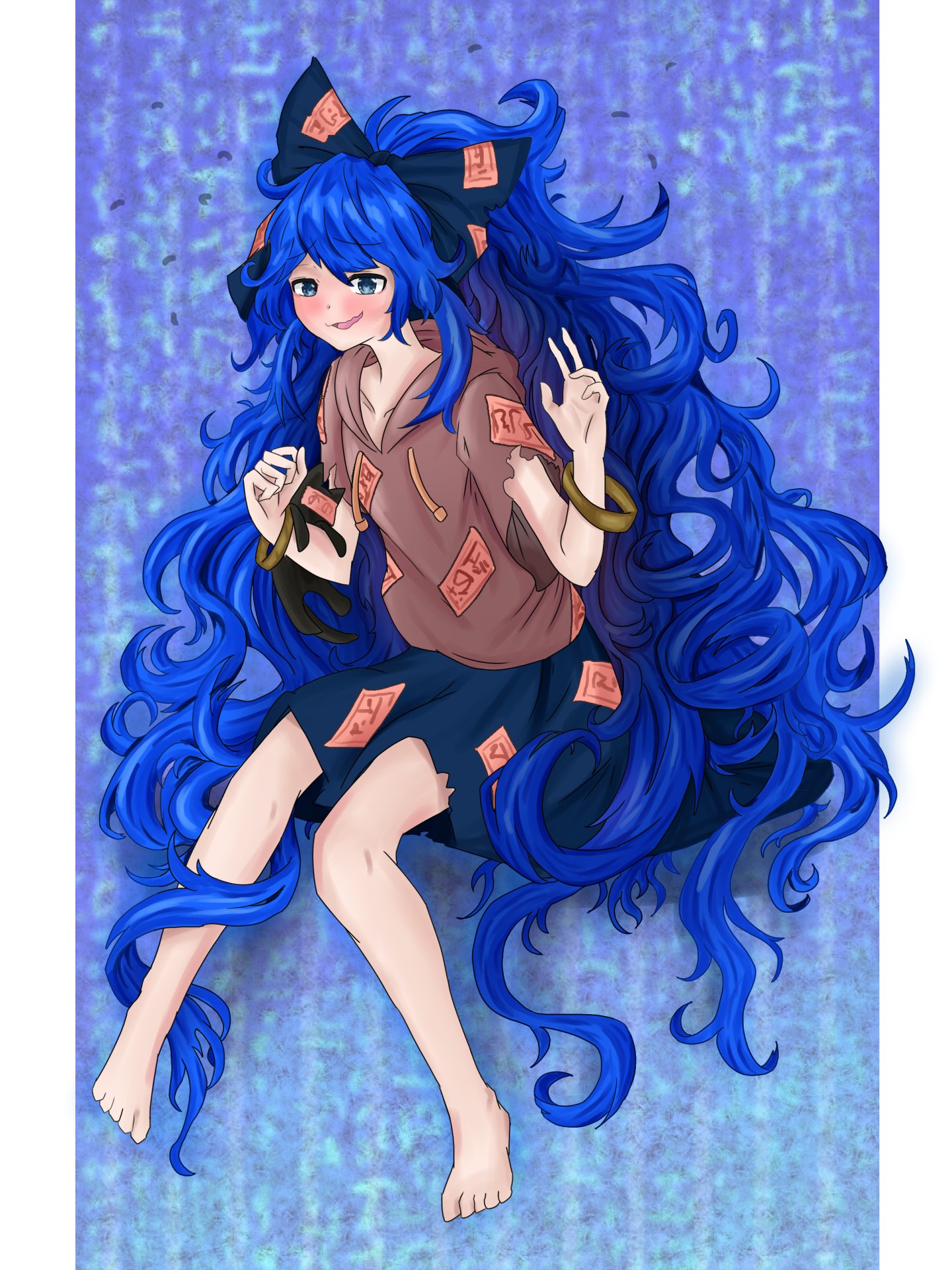 Safebooru - 1girl barefoot blue background blue bow blue hair blue skirt bow bracelet commentary ...