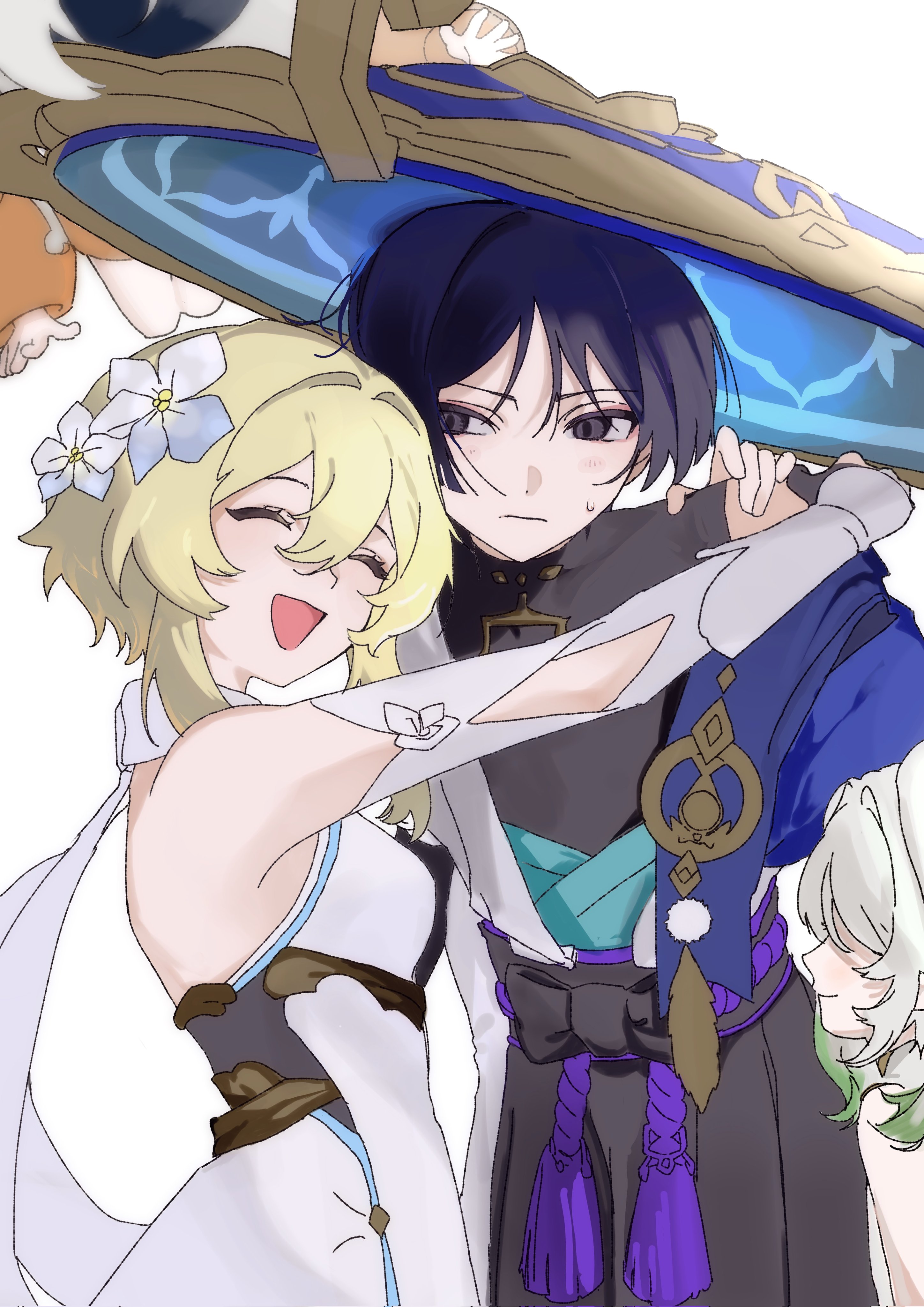 Safebooru - 1boy 2girls absurdres blonde hair closed eyes couple cowboy shot dress flower ...