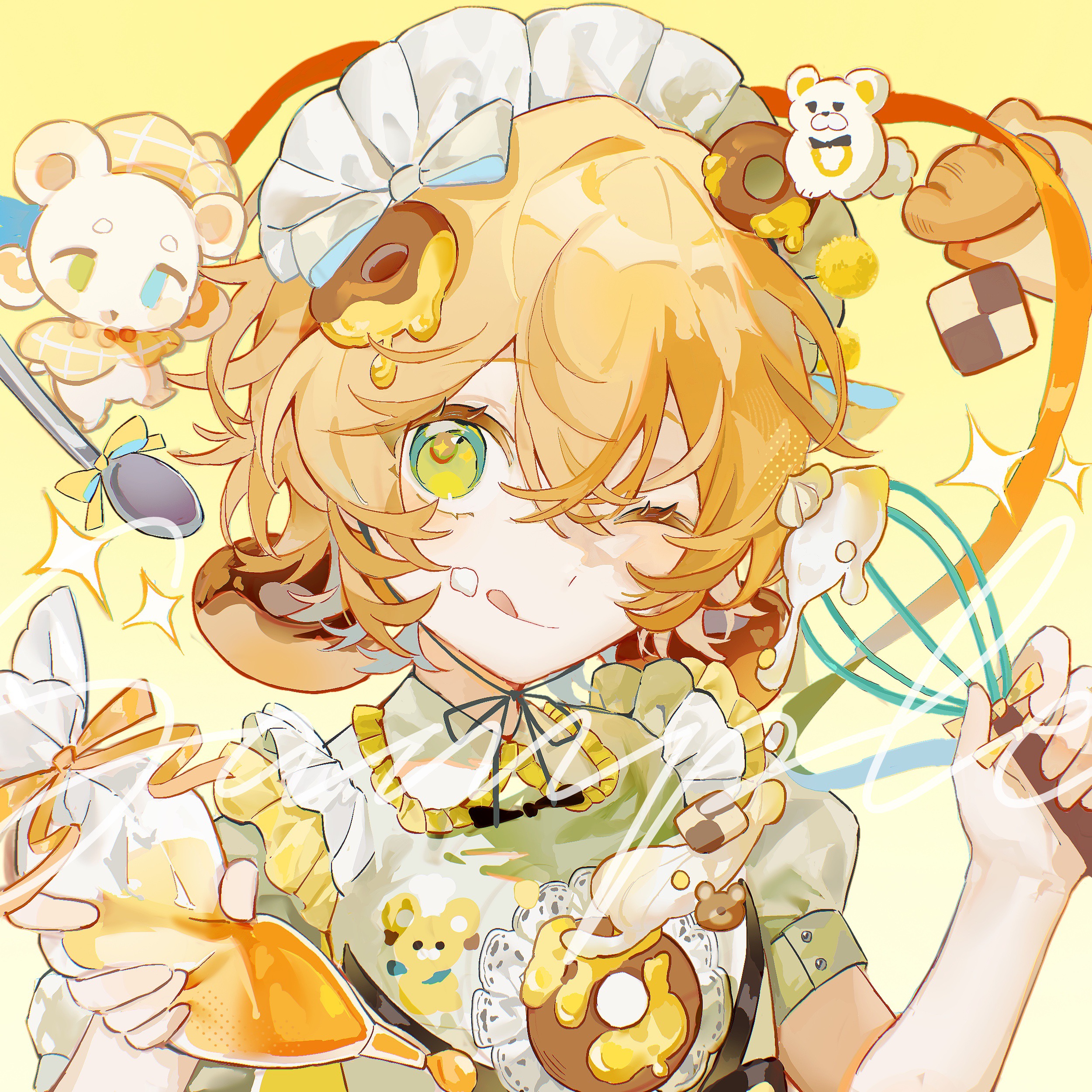 Safebooru - 1girl :d absurdres animal animal ears apron bare arms beret black bow black bowtie ...