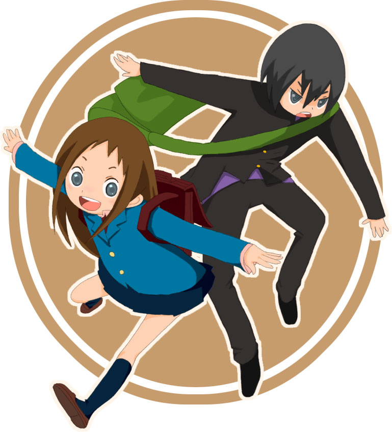 Safebooru - 1boy 1girl :d bag black footwear black hair black jacket black pants blue jacket ...