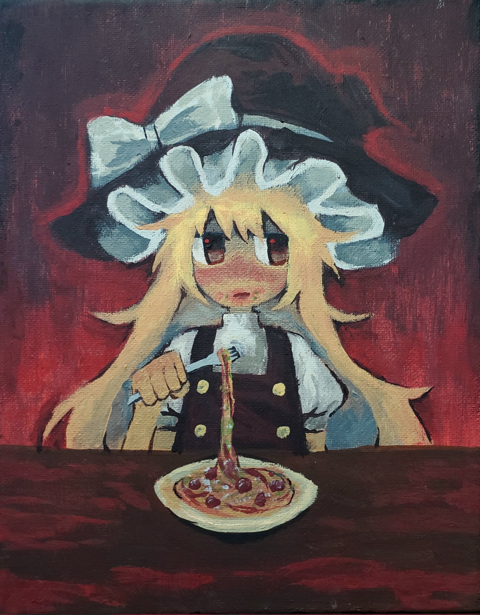 Safebooru - 1girl blonde hair eating female food fork hat holding fork ...