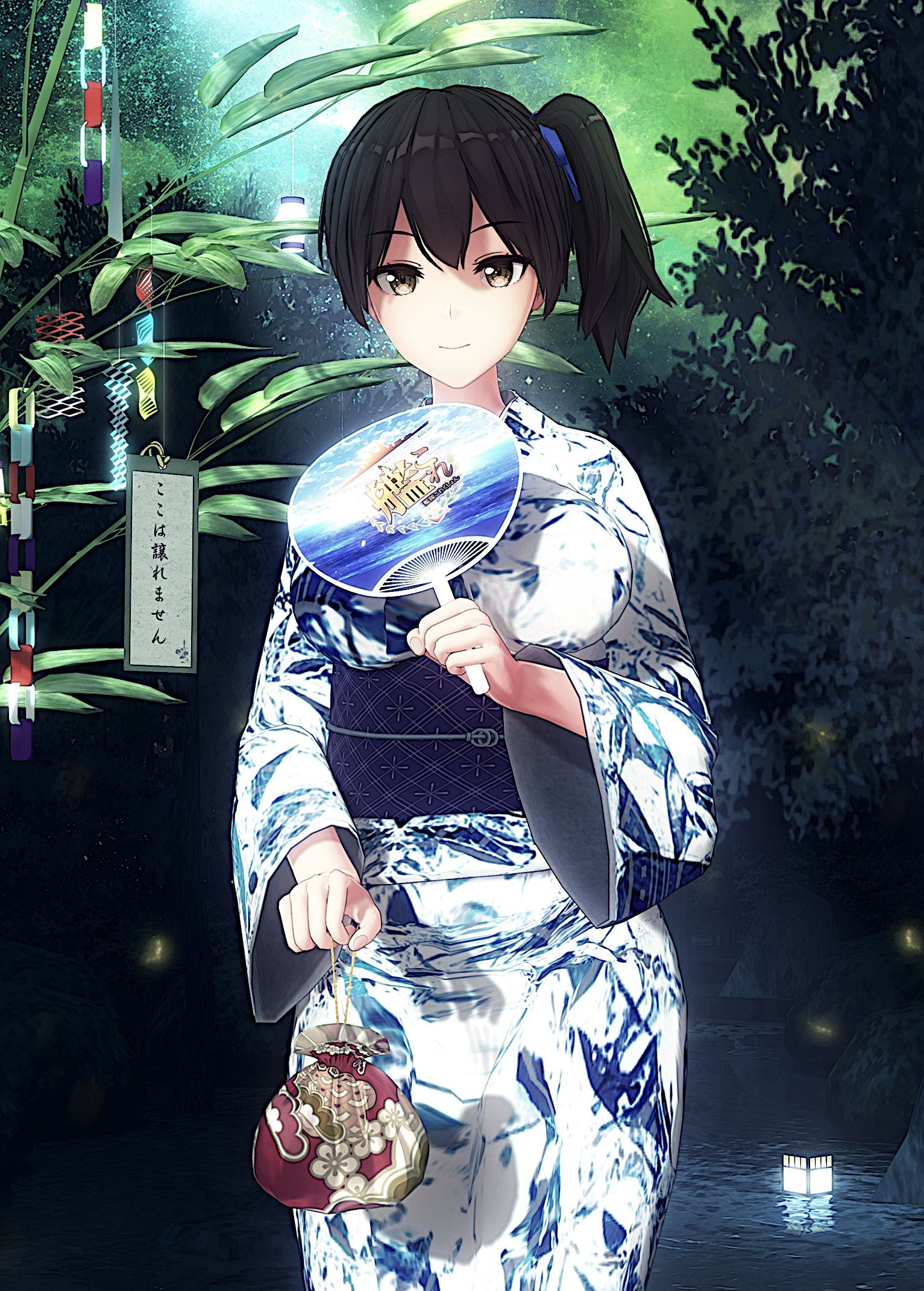 Safebooru - 1girl 3d alternate costume bag bamboo black hair brown eyes commission gr sword hand ...