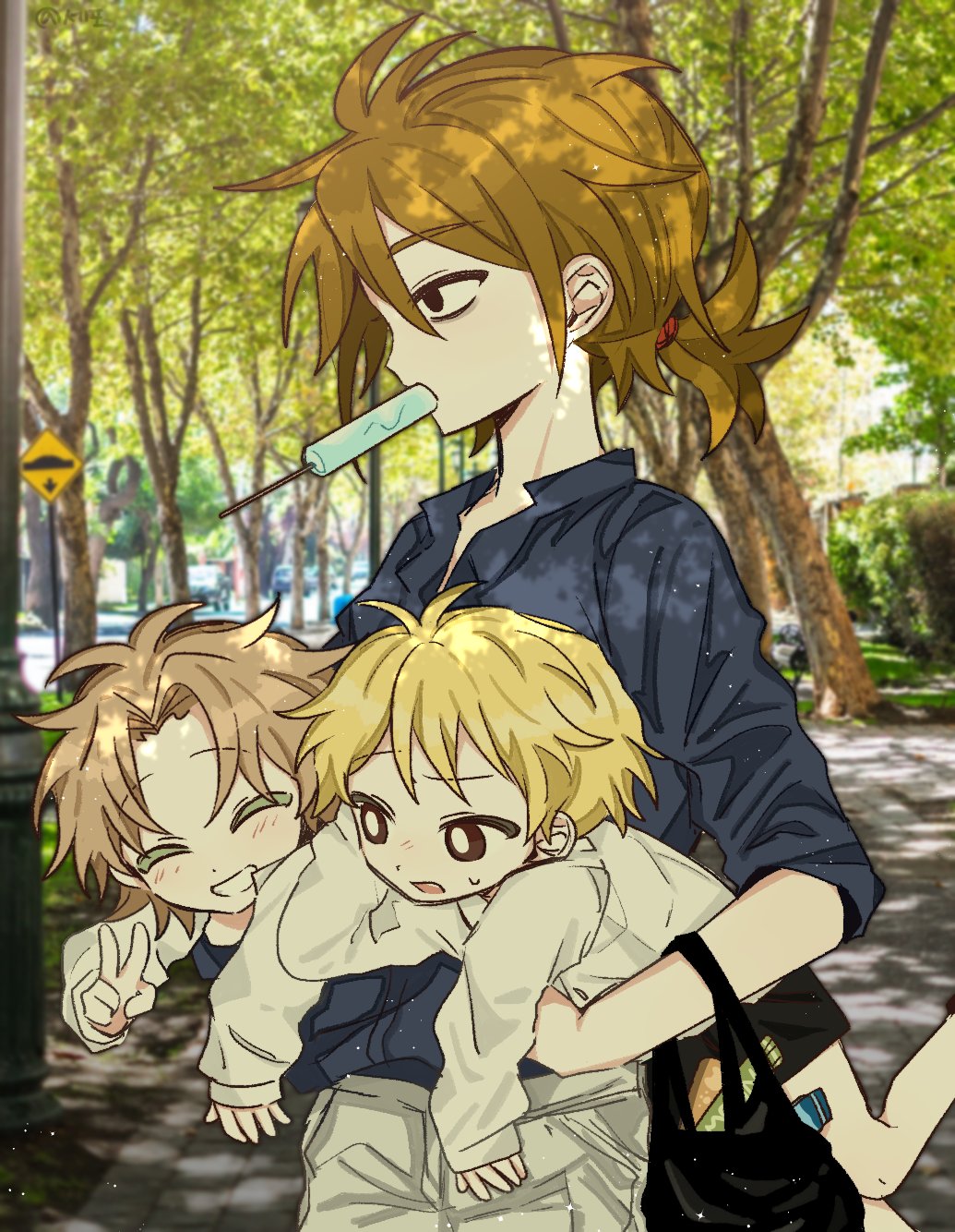 Safebooru - 3boys aged down antenna hair black bag black shorts blonde hair blue shirt bright ...