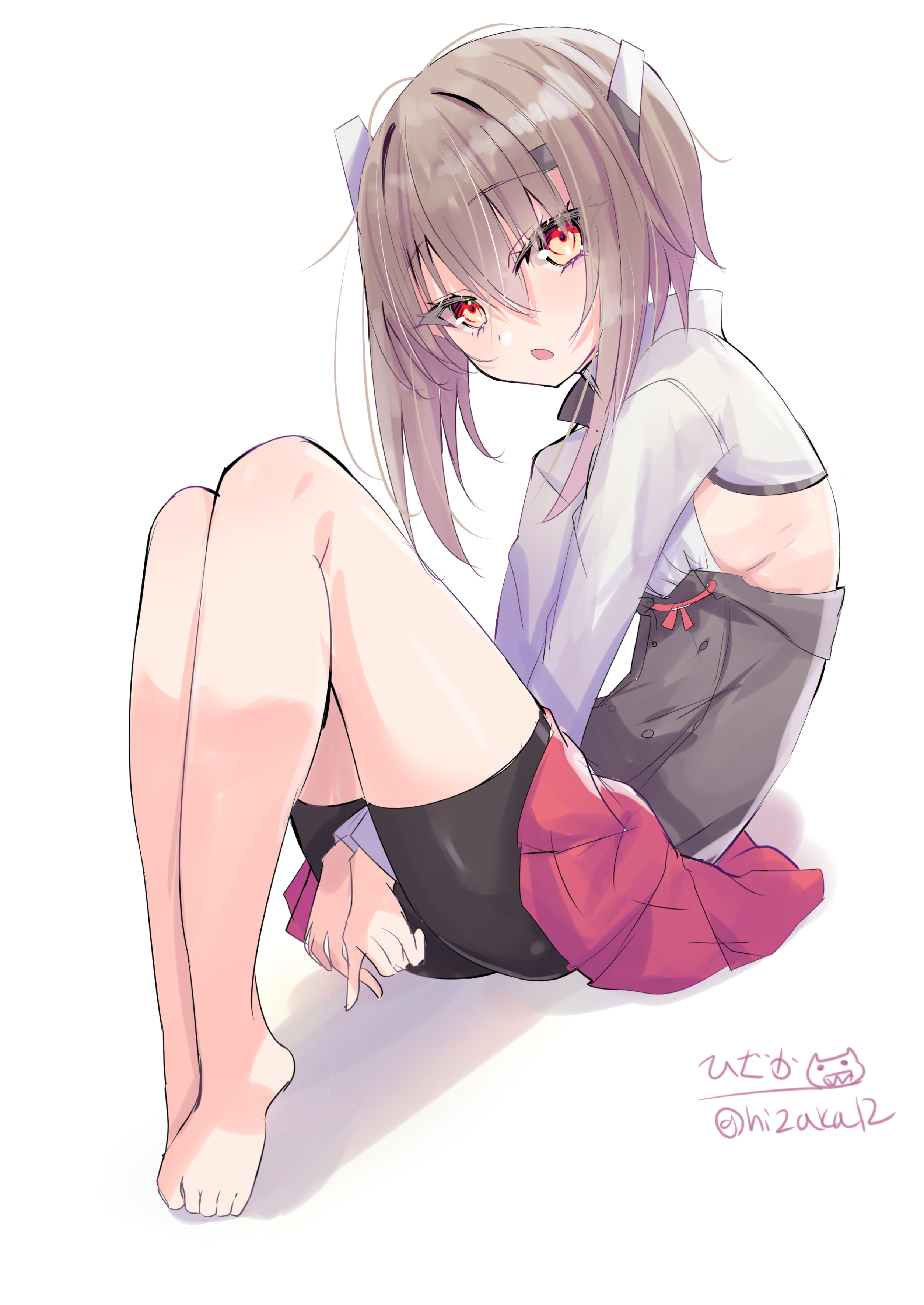 Safebooru - 1girl absurdres barefoot bike shorts brown hair corset hakama hakama skirt headband ...