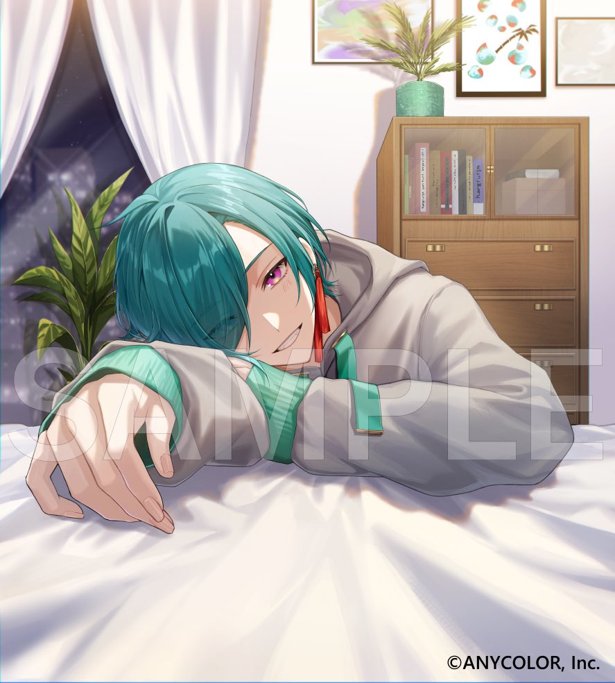 Safebooru - 1other androgynous aqua hair bed bedroom bedside book ...