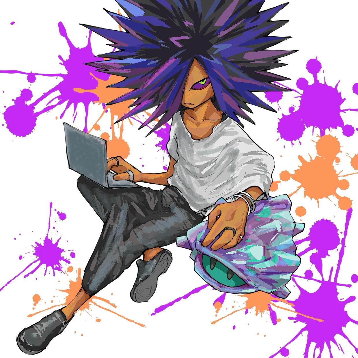 Safebooru - 1boy computer full body highres ink jewelry laptop looking ...