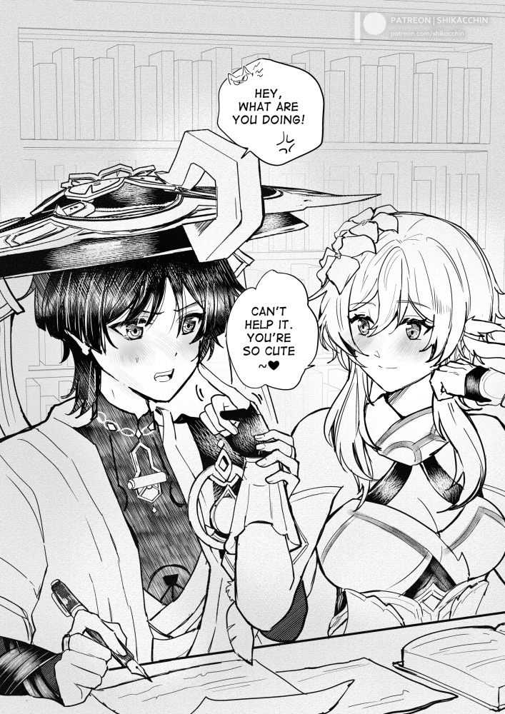 Safebooru - 1boy 1girl black hair book cheek poking couple english text flower genshin impact ...