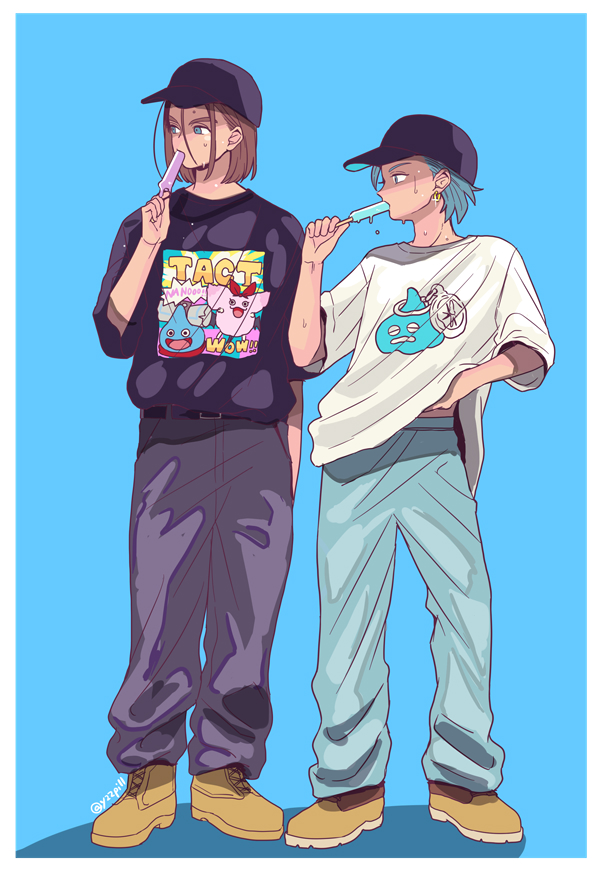 Safebooru - 2boys baseball cap belt blue background blue eyes blue hair brown hair camus (dq11 ...