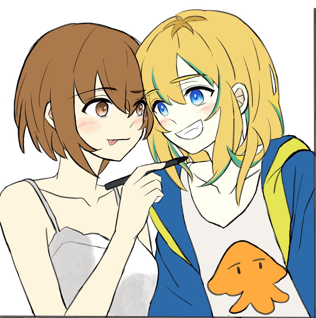 Safebooru - 2girls blonde hair blue eyes blue jacket blush brown eyes brown hair camisole ...