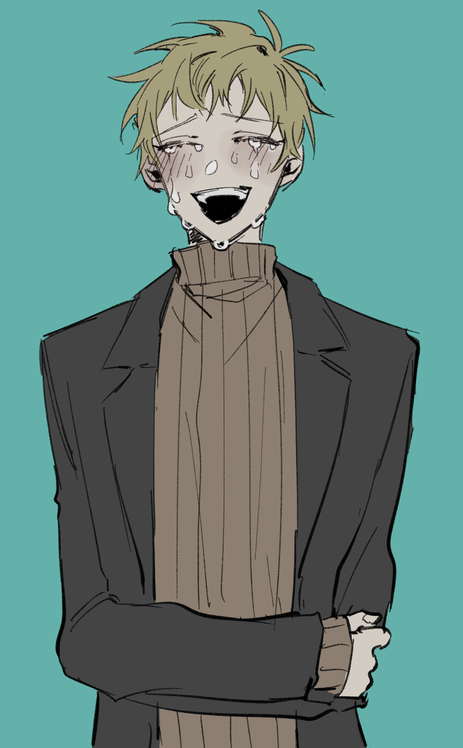 Safebooru - 1boy aqua background atou haruki black jacket blonde hair brown sweater commentary ...