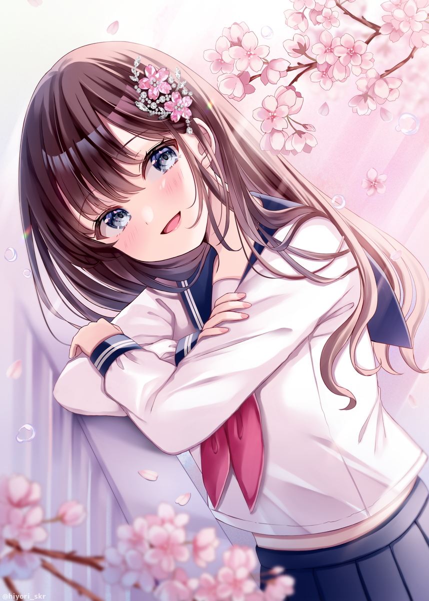 Safebooru - 1girl :d blue sailor collar blue skirt blush branch brown hair commentary request ...