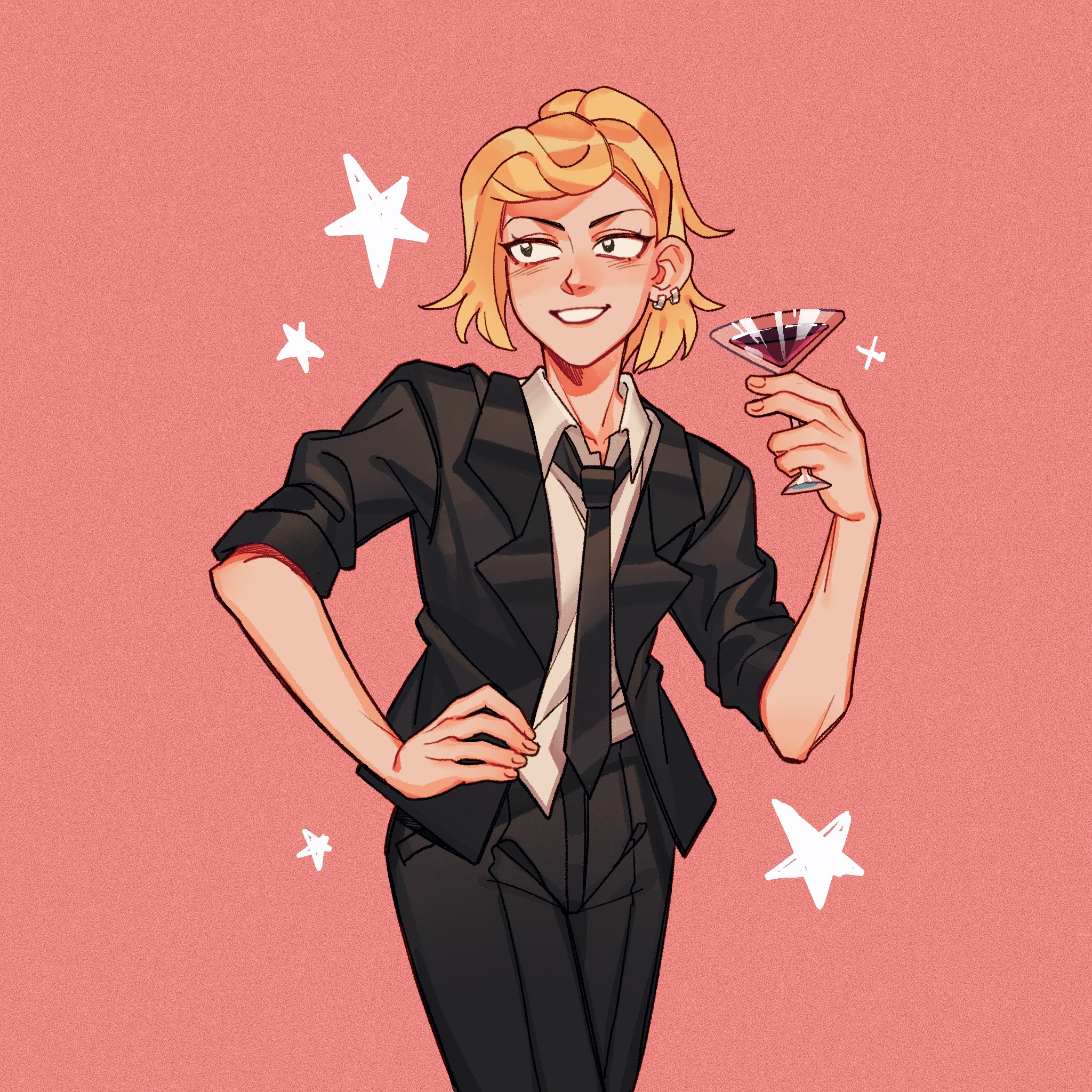 Safebooru - 1girl alcohol amphibia black pants blonde hair cup dress ...