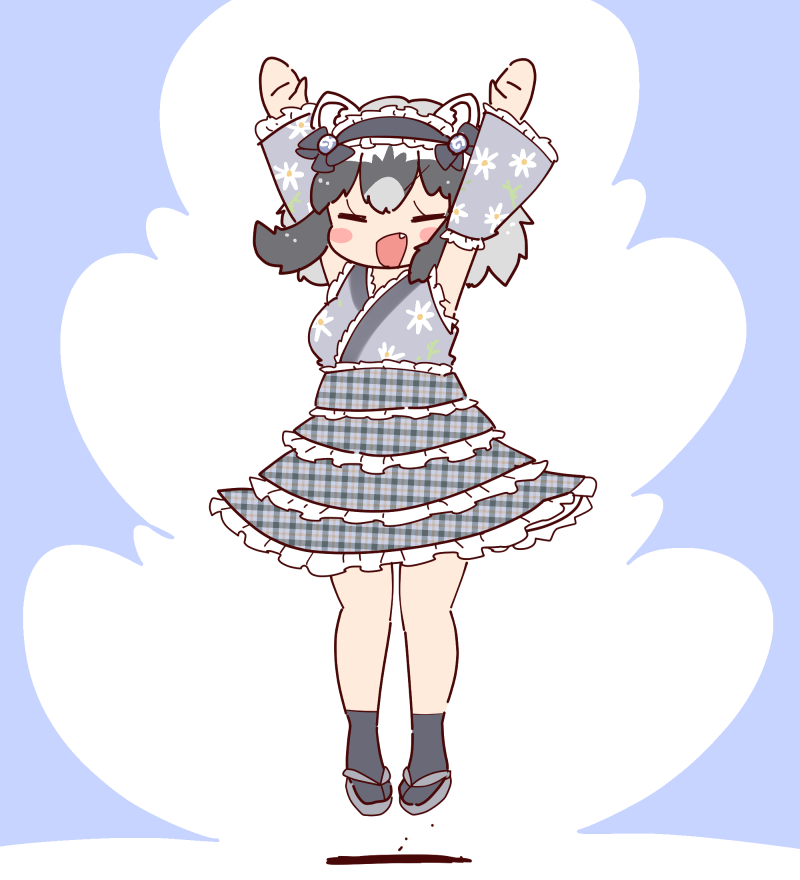 Safebooru - 1girl animal ears arms up blue background common raccoon (kemono friends) coroha ...