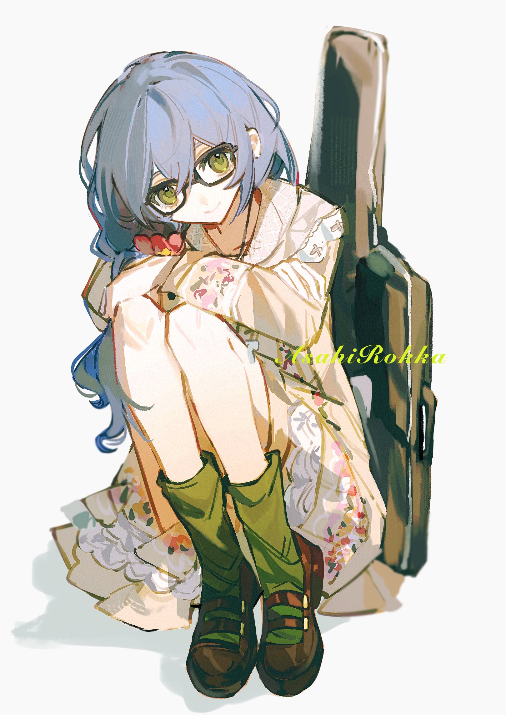 Safebooru - 1girl asahi rokka bang dream! black-framed eyewear blue hair blue socks brown dress ...