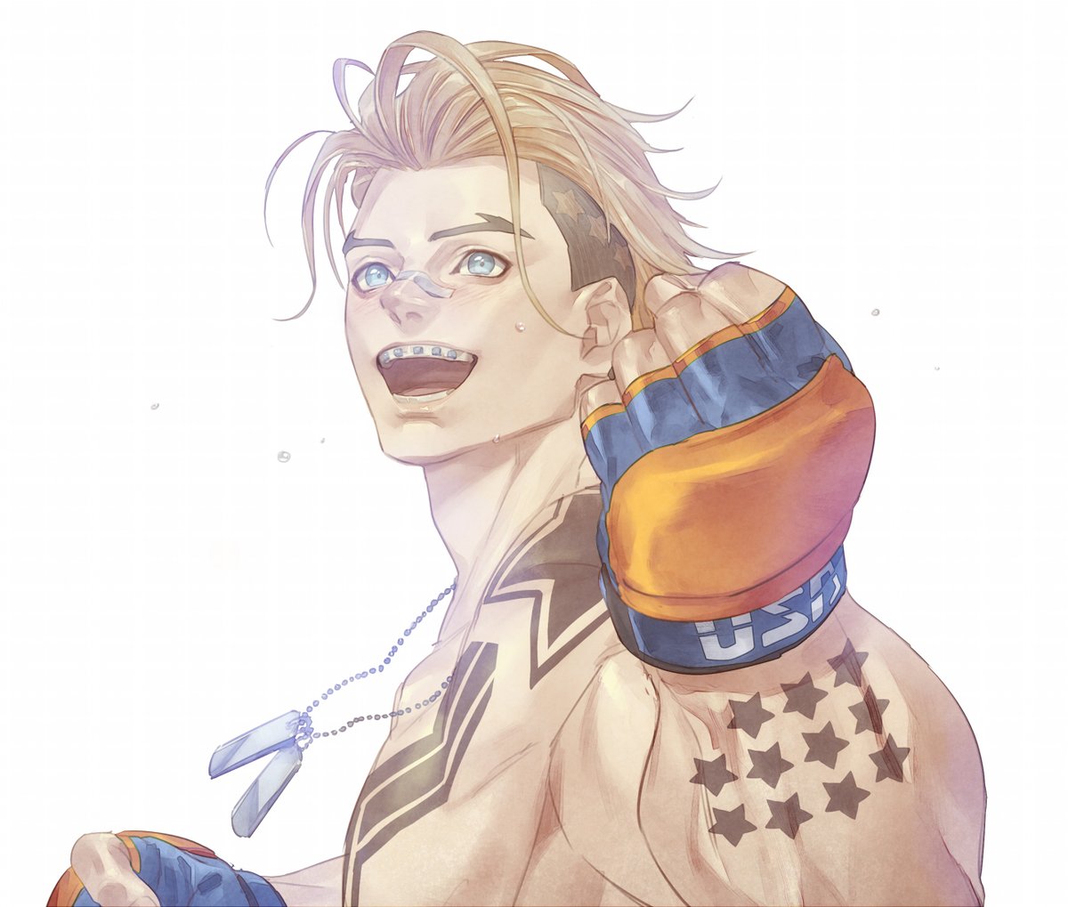 Safebooru - 1boy arm tattoo arm up bandage on face bandage on nose bandages biceps blonde hair ...
