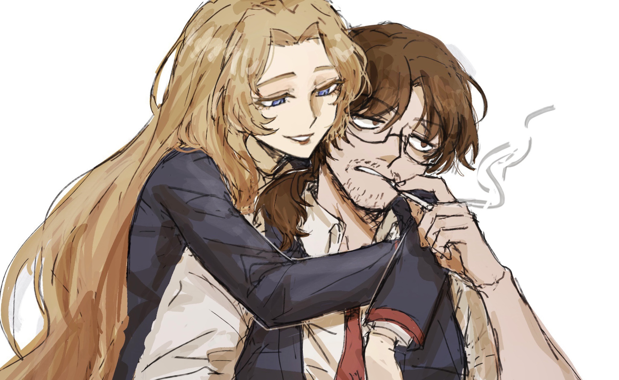 Safebooru - 1boy 1girl arms around neck beard stubble black coat black vest blue eyes brown eyes ...