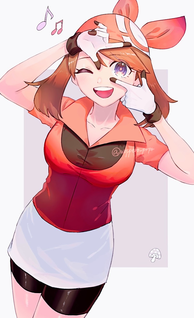 Safebooru - 1girl ;d bandana bike shorts black shorts blue eyes brown hair finger frame gloves ...