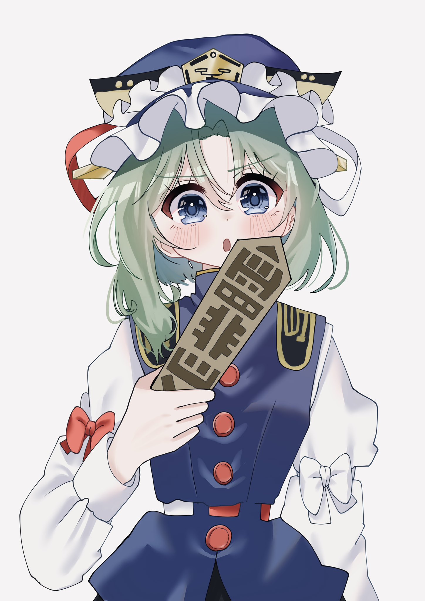 Safebooru - 1girl blue eyes blue hat blush bow commentary eik s2 green eyes green hair grey ...