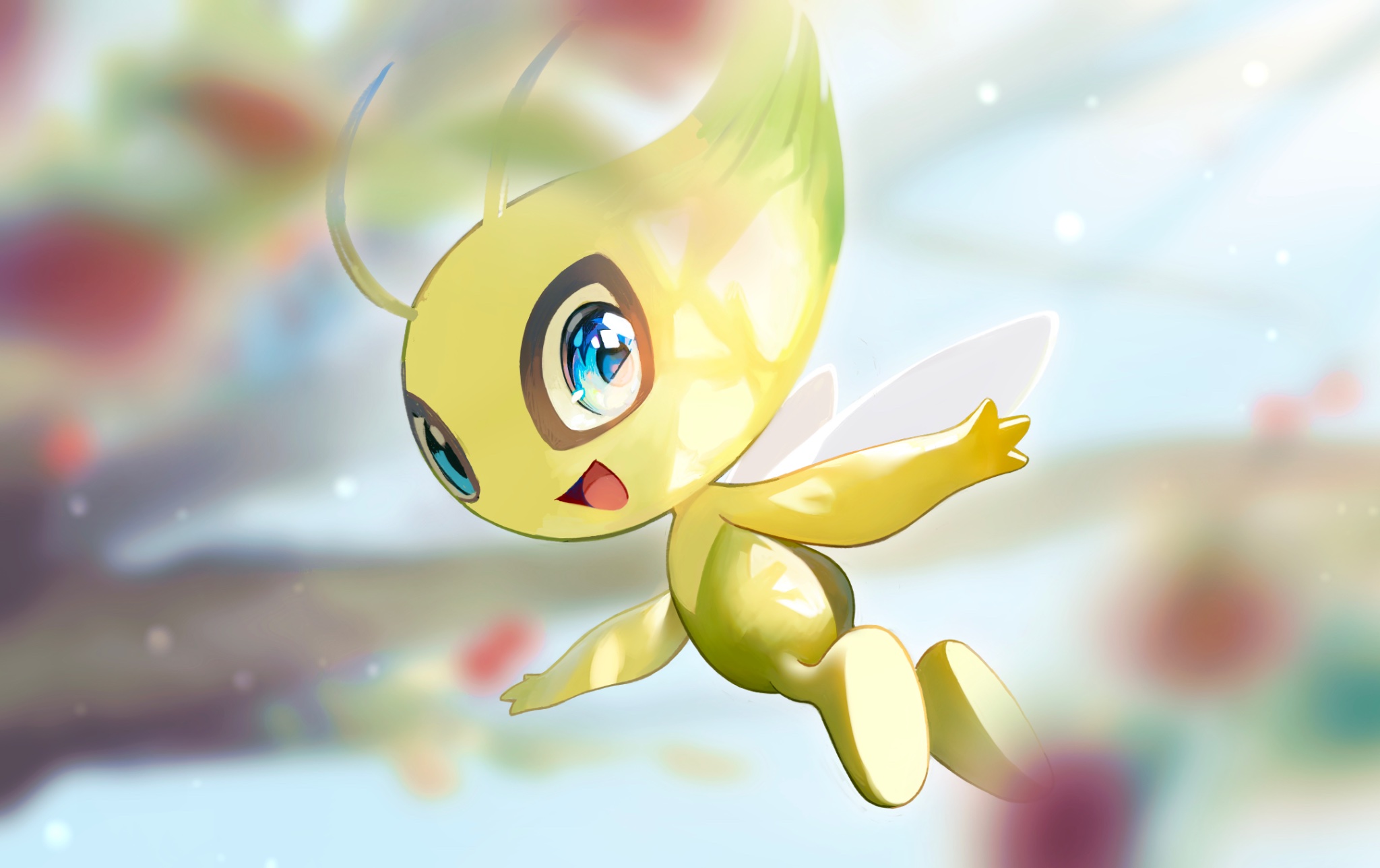 Safebooru - :d = (9 yawbus) antennae blue eyes blurry blurry background ...