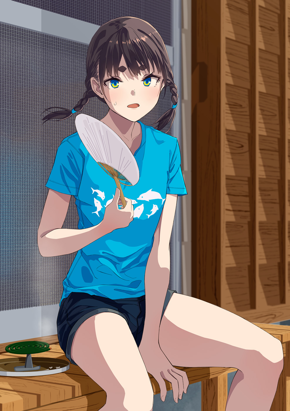 Safebooru - 1girl between legs black shorts blue eyes blue shirt braid brown hair commentary ...