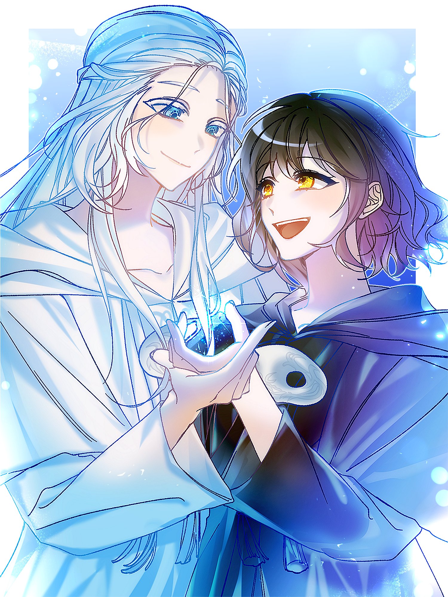 Safebooru - 2girls :d azem (ff14) bamkkulppang14 black capelet black hair black robe blue eyes ...