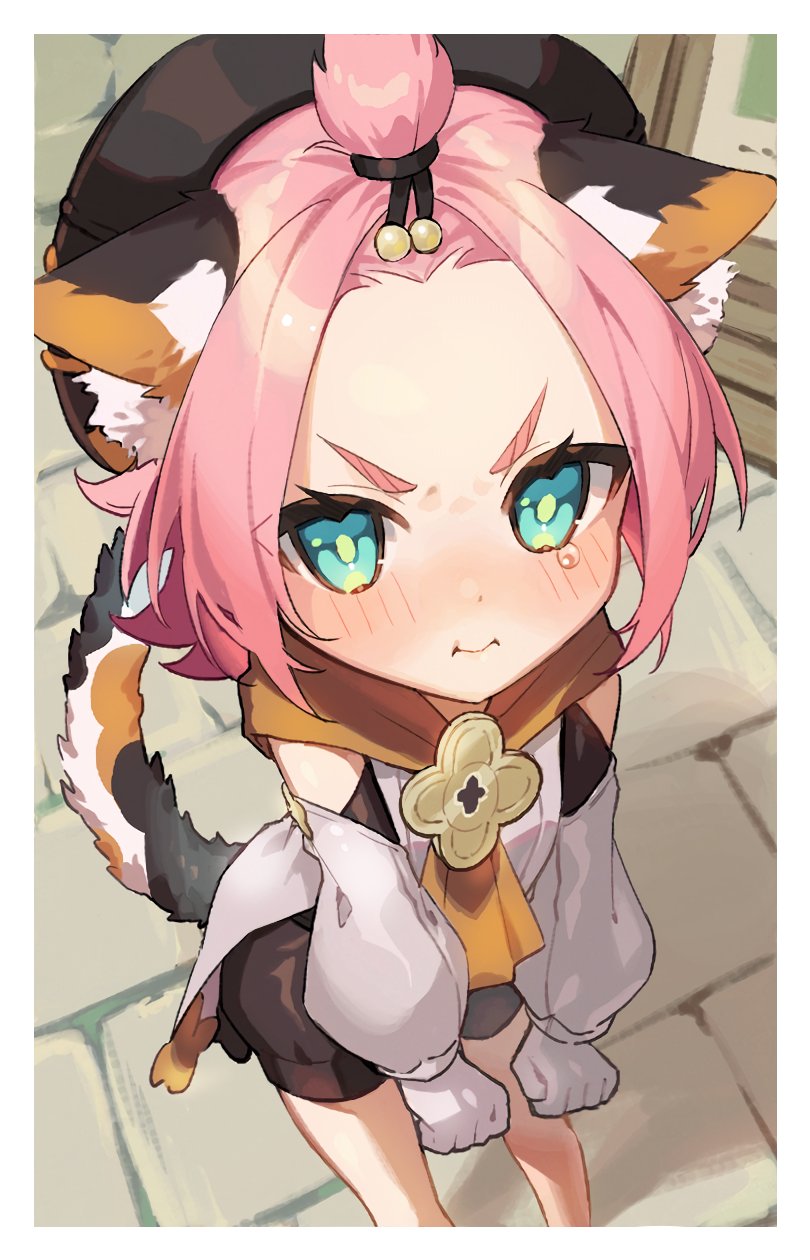 Safebooru - 1girl :i animal ear fluff animal ears annoyed aqua eyes arms at sides beret black ...