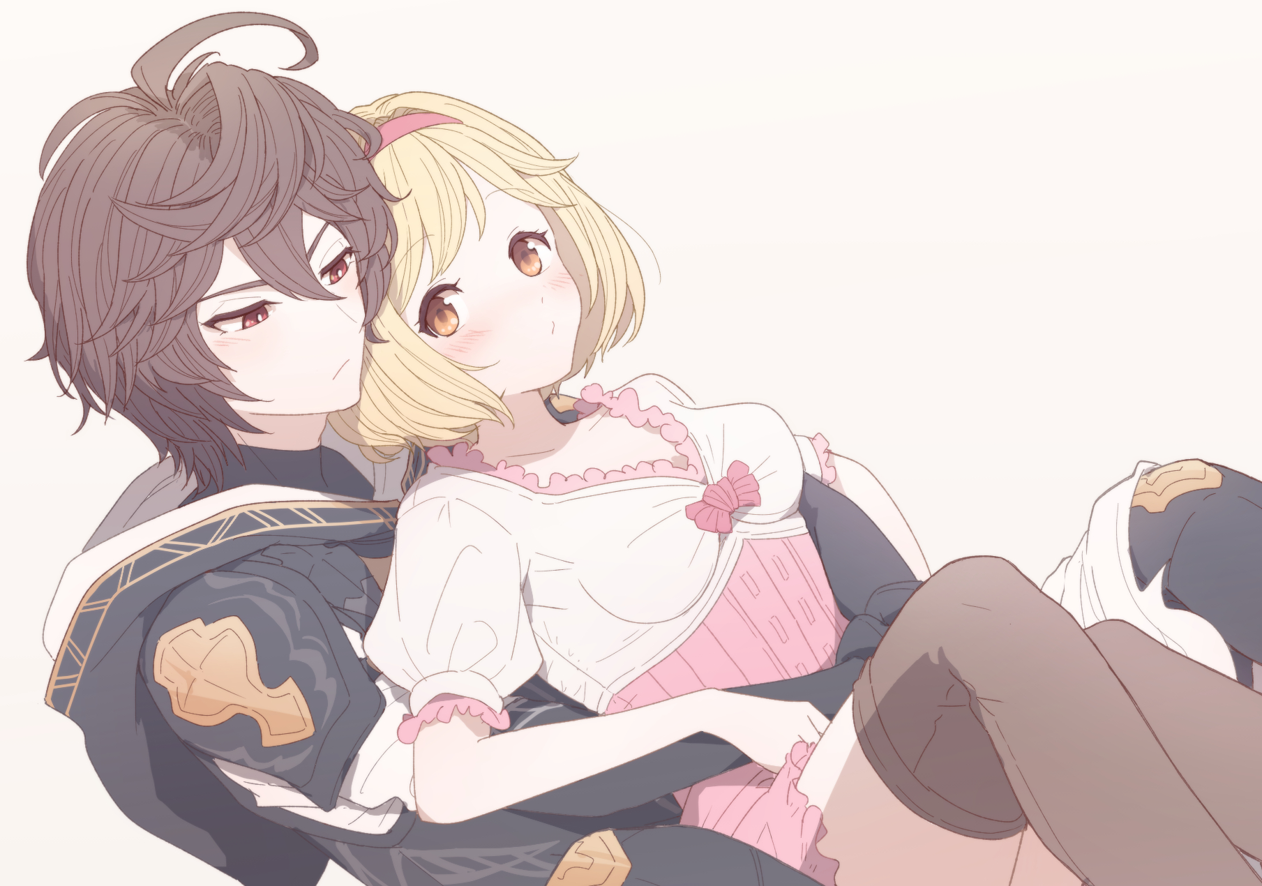 Safebooru - 1boy 1girl ahoge armor bishounen blonde hair breastplate brown eyes brown hair brown ...