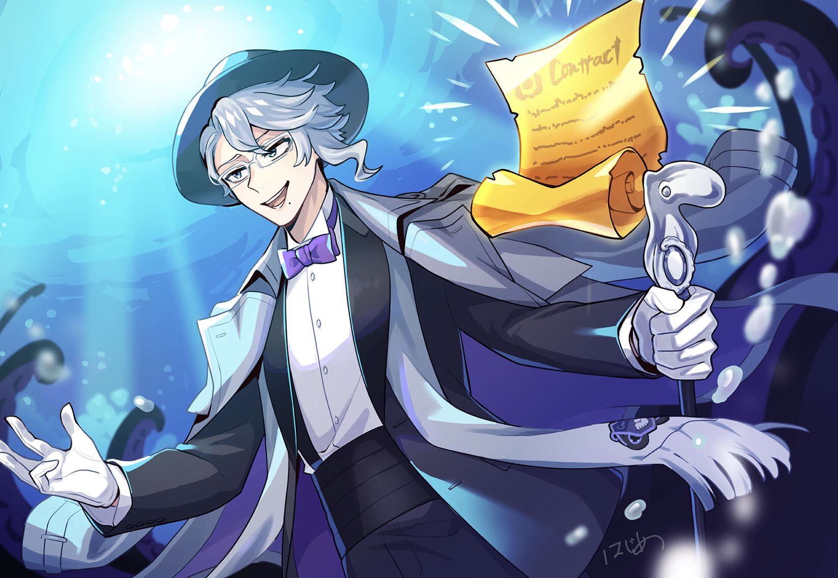 Safebooru - 1boy azul ashengrotto black suit blue eyes cane coat coat on shoulders glasses ...