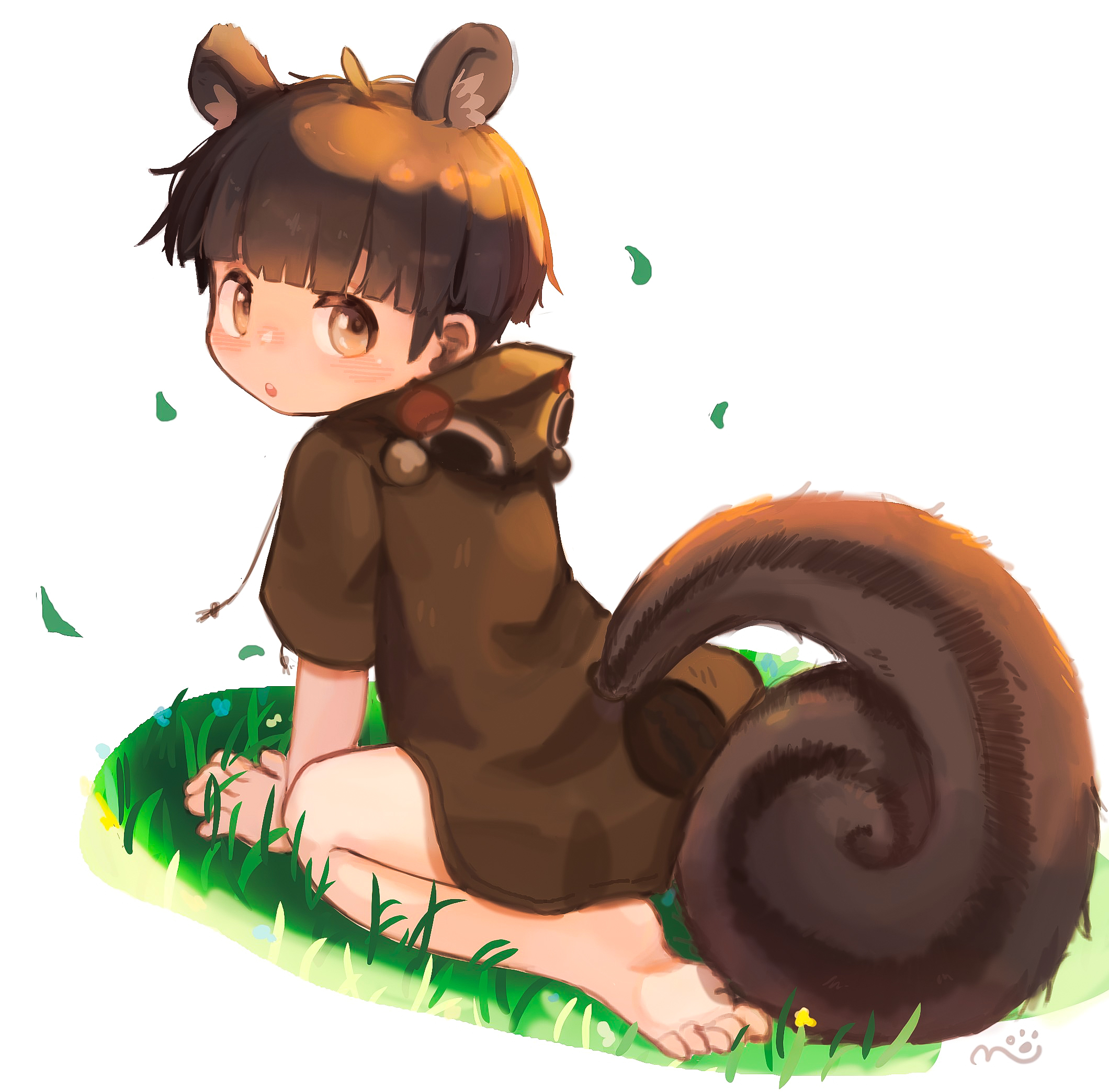 Safebooru - 1boy animal ears animal hood barefoot brown eyes brown hair child commentary english ...