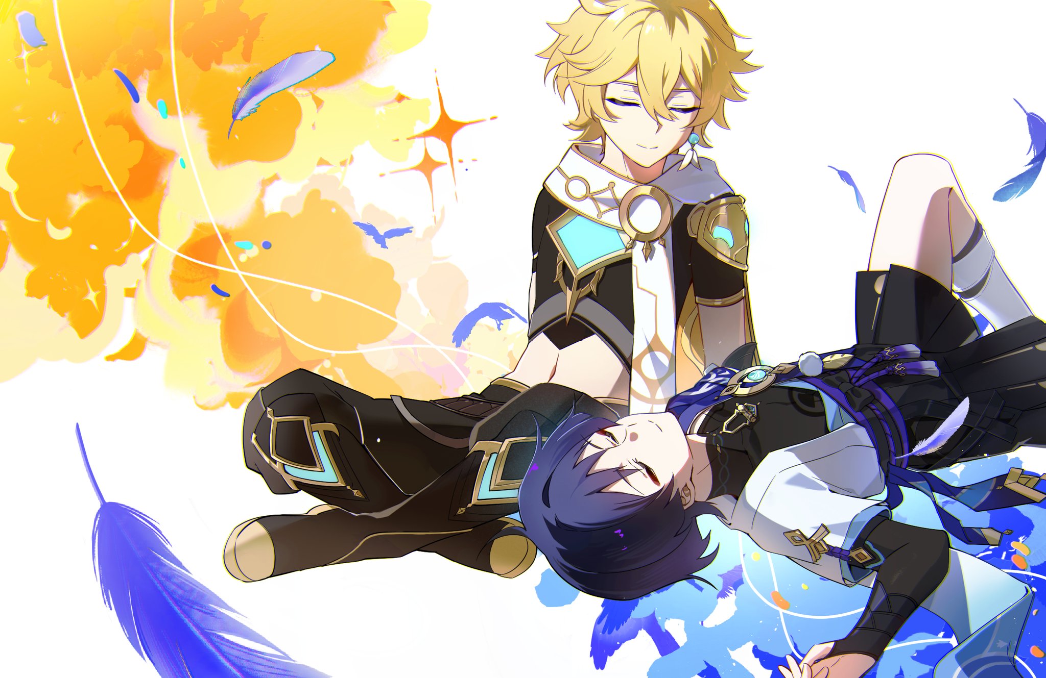 Safebooru - 2boys aether (genshin impact) armor bird black footwear ...