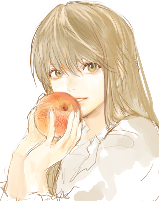 Safebooru - 1girl apple brown eyes brown hair collared shirt commentary ...