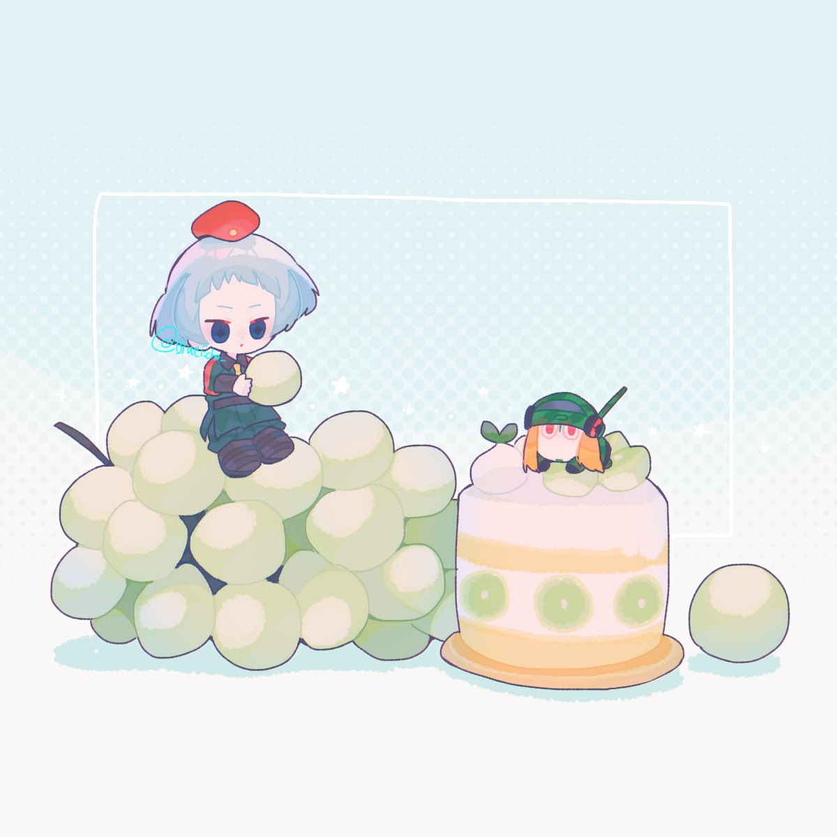 Safebooru - 2boys beret chibi coat food green coat green helmet grey ...