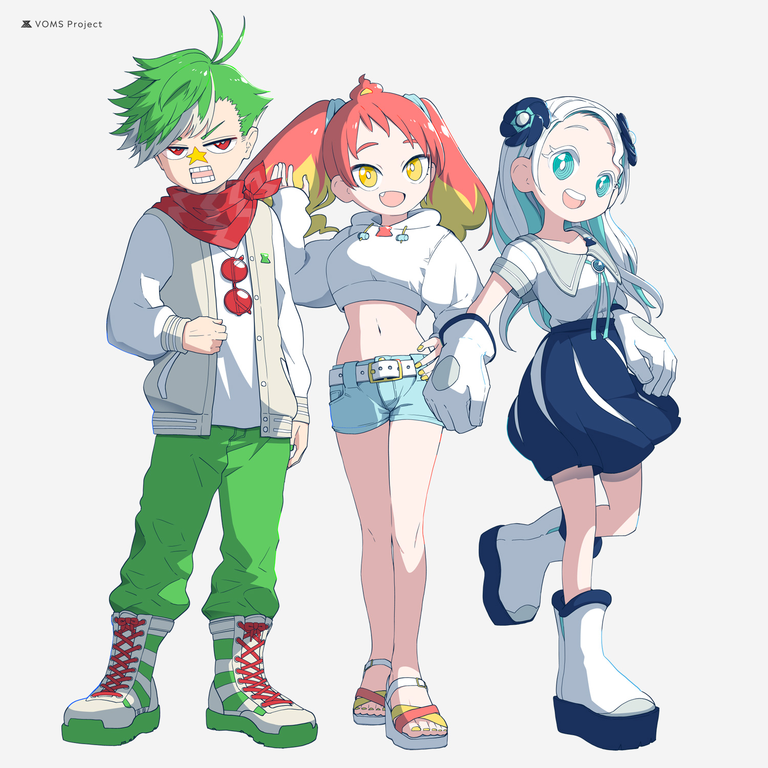Safebooru - 1boy 2girls :d antenna hair aqua eyes aqua hair aqua ribbon badge bandana belt belt ...