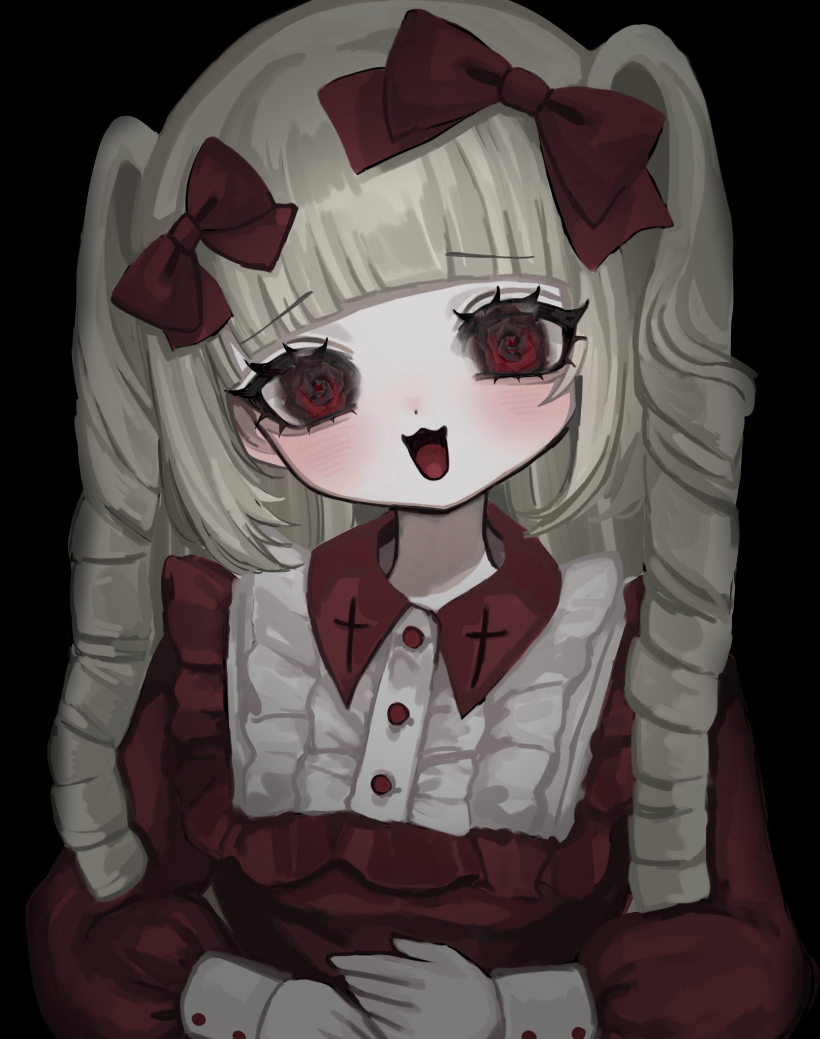 Safebooru - 1girl :3 black background blush bow center frills collared ...