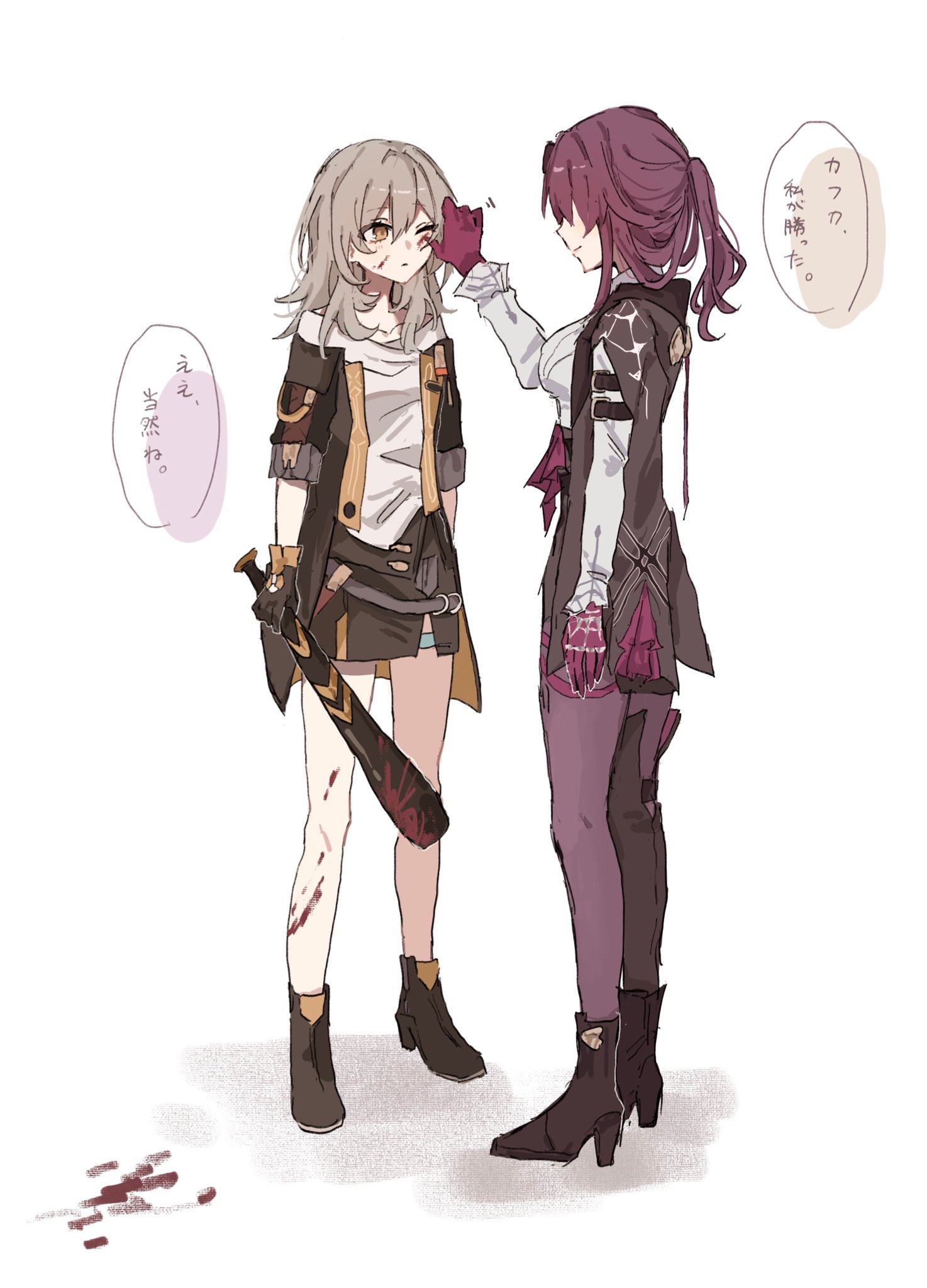 Safebooru - 2girls baseball bat black footwear black gloves black jacket black skirt blood blood ...