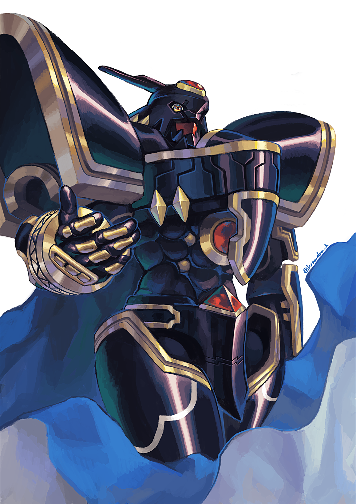 Safebooru - alphamon armor black armor blue cape cape cowboy shot digimon digimon (creature) gem ...