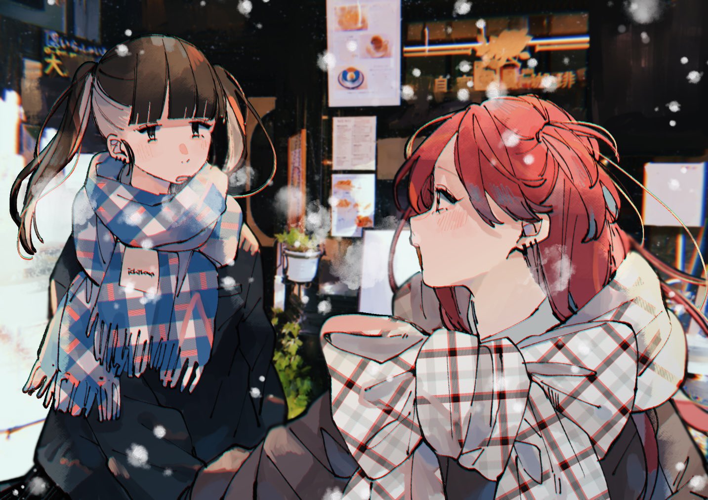Safebooru - 2girls black eyes black hair blue jacket blue scarf blunt ...