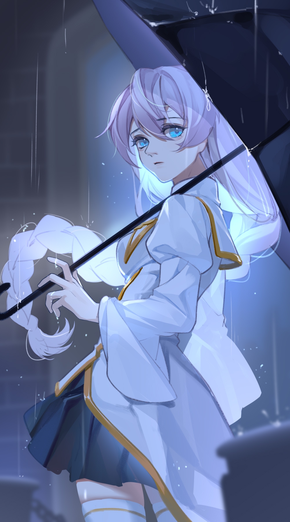 Safebooru - 1girl black umbrella blue eyes blurry blurry background braid closed mouth depth of ...