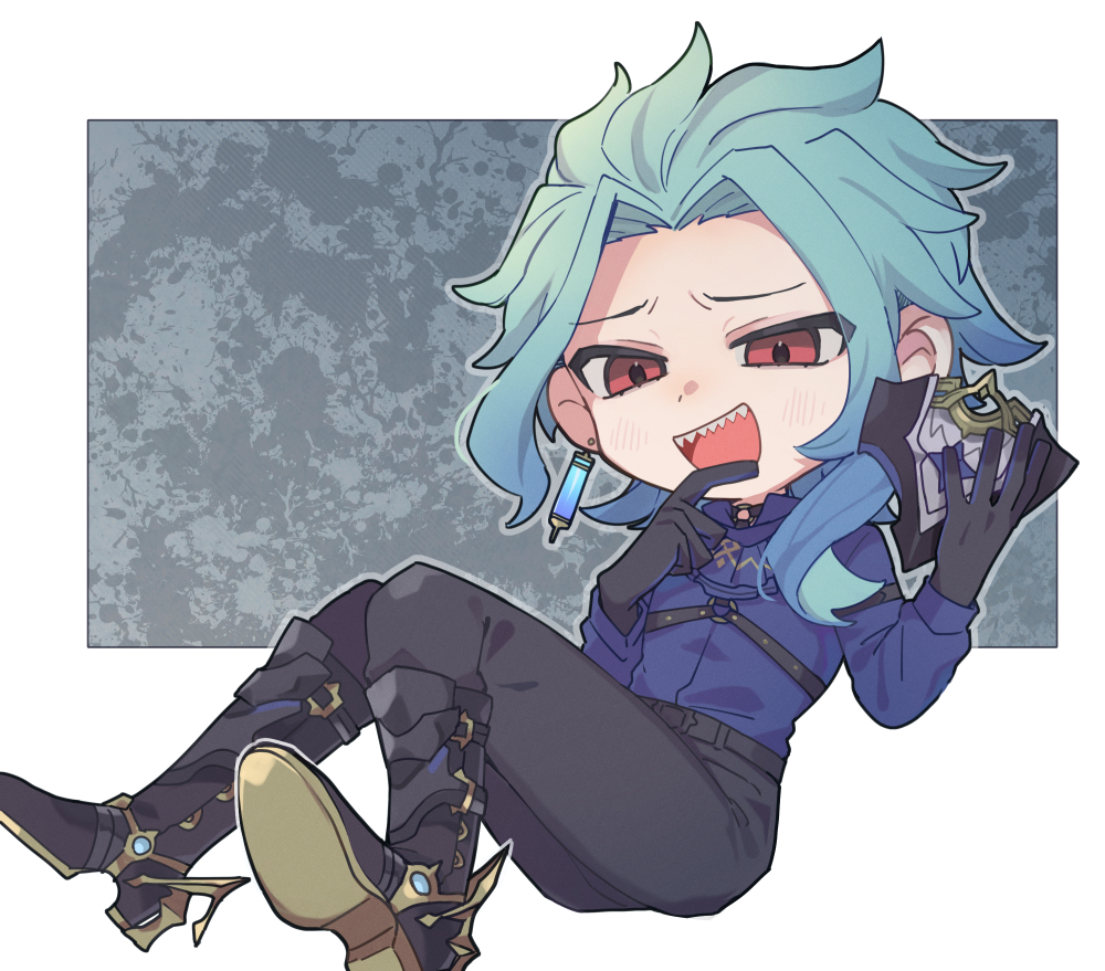 Safebooru - 1boy :d black choker black footwear black gloves black pants blue hair blue shirt ...