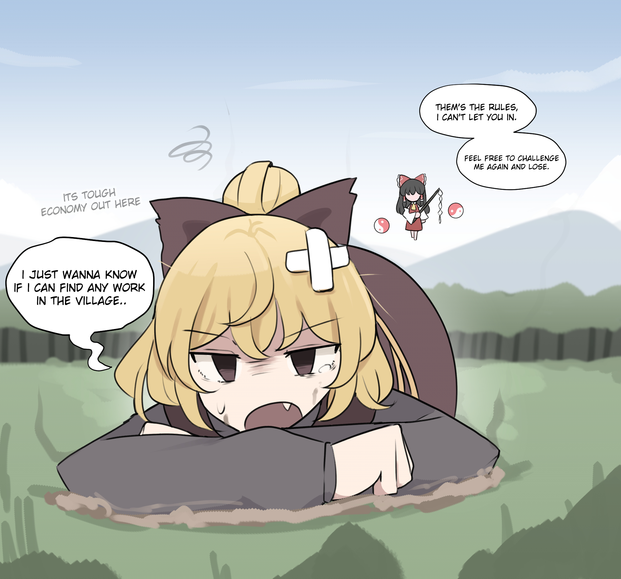 Safebooru - 2girls bandaid blonde hair blue sky bow brown eyes clouds commentary english ...