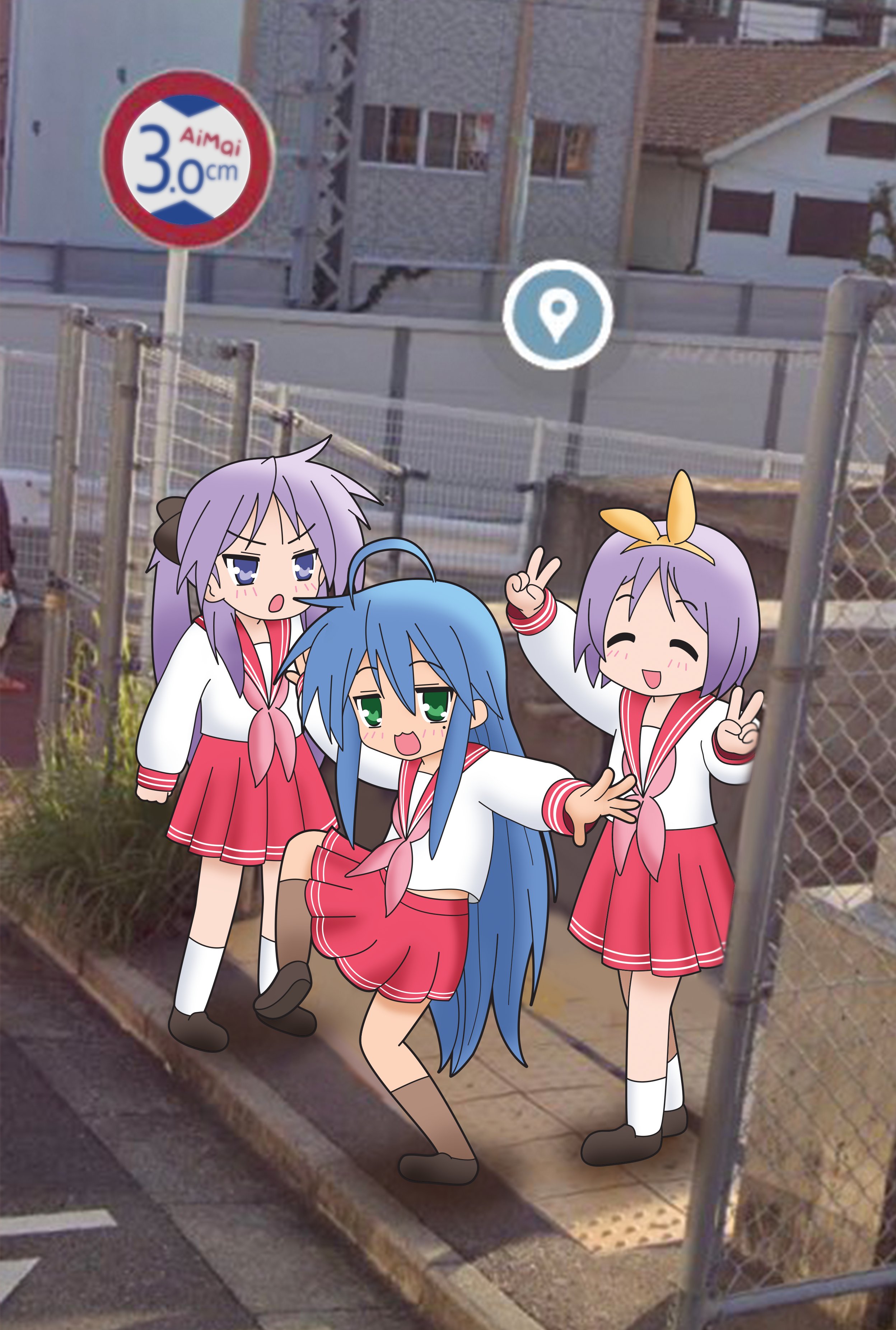 Safebooru - 3girls absurdres building chain-link fence closed eyes double v fence green eyes ...