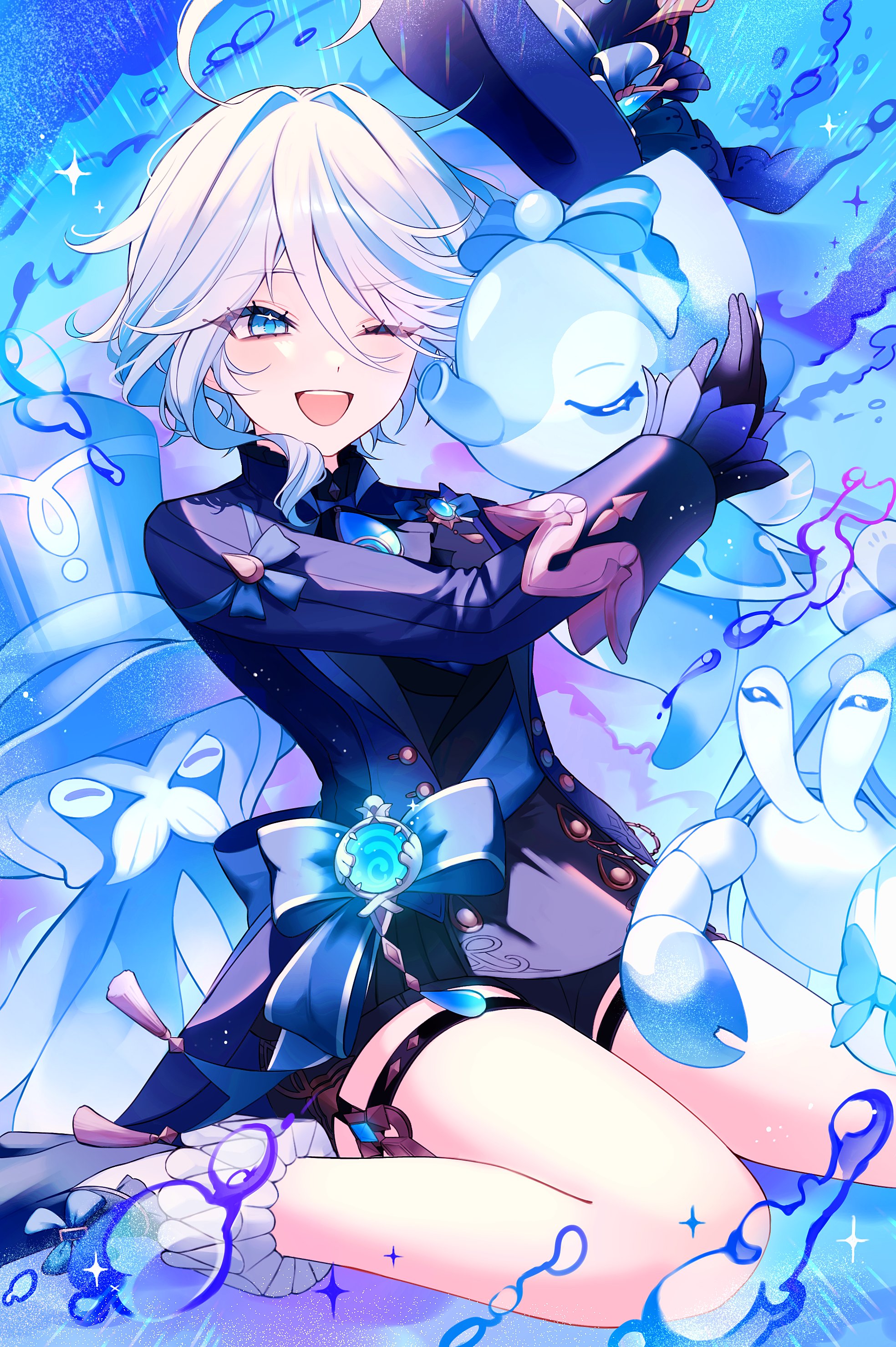 Safebooru - 1girl ;d absurdres ahoge animal ascot asymmetrical gloves black gloves black shorts ...